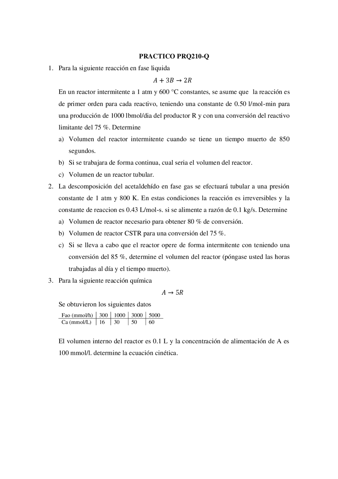 Ejercicios Tipo Examen De Diseño De Reactores Apuntes De Ingeniería