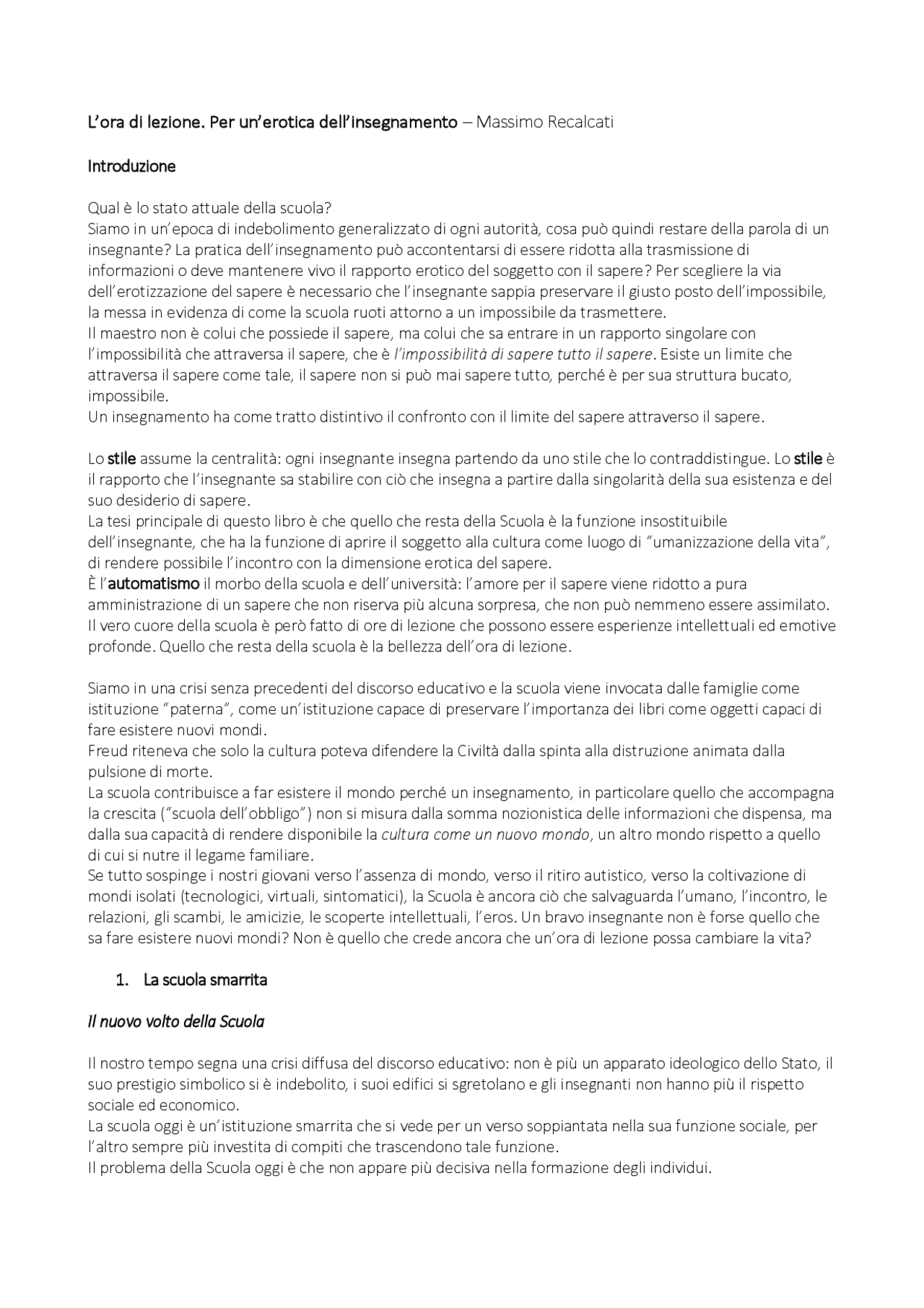 Lora Di Lezione Massimo Recalcati Appunti Di Letteratura Docsity