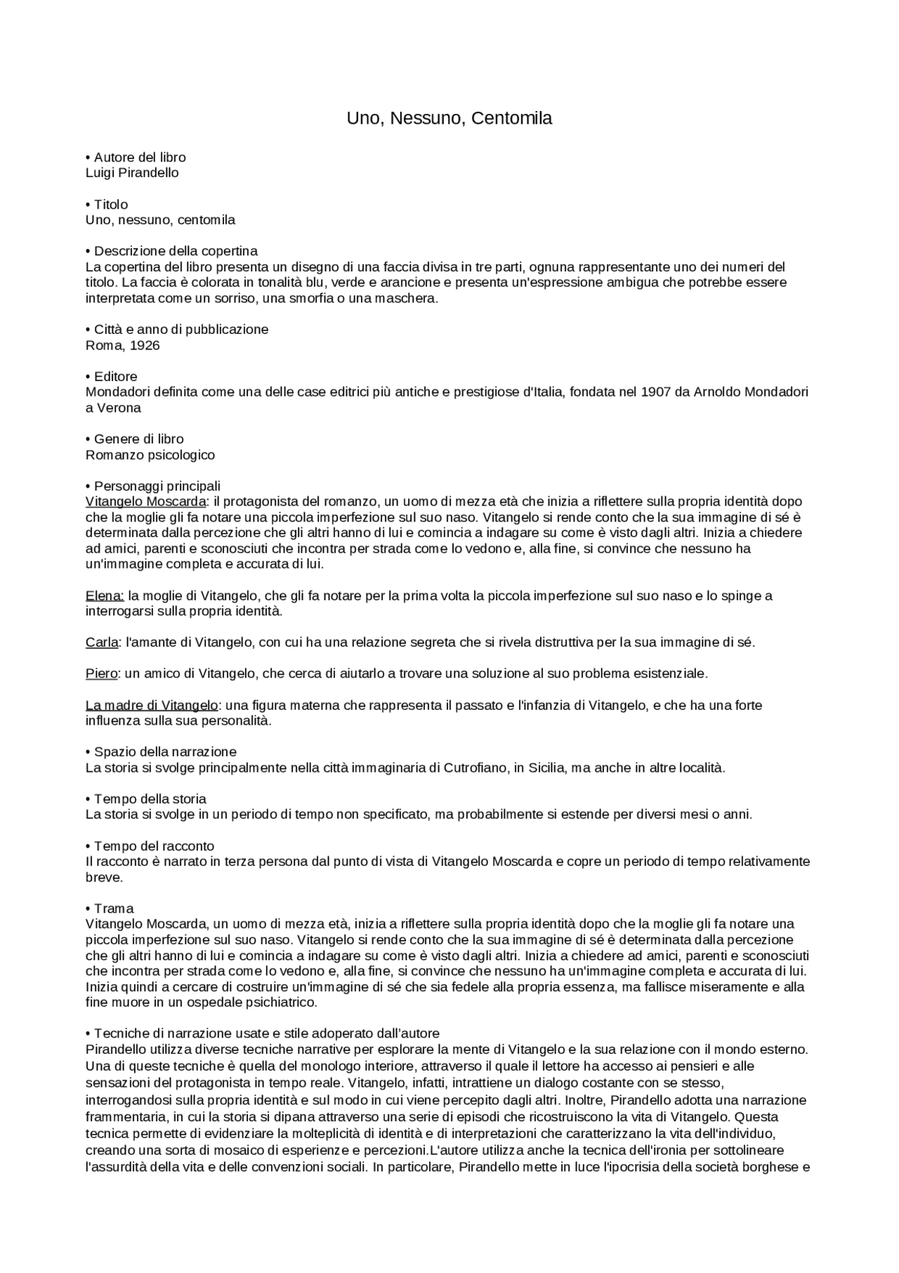 Uno Nessuno Centomila Scheda Libro Schemi E Mappe Concettuali Di