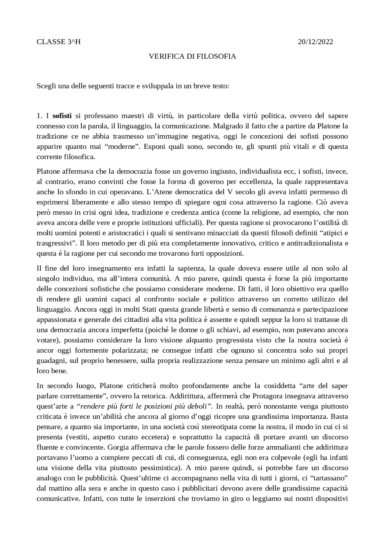 Verifica di filosofia: Sofisti, Socrate, Platone sezione 1 e 4 | Prove d'esame di Filosofia ...