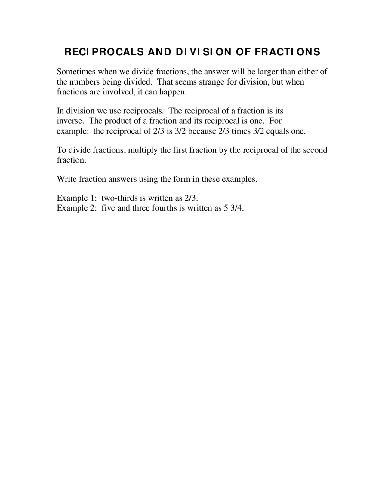 reciprocals and division of fractions | Summaries Elementary ...