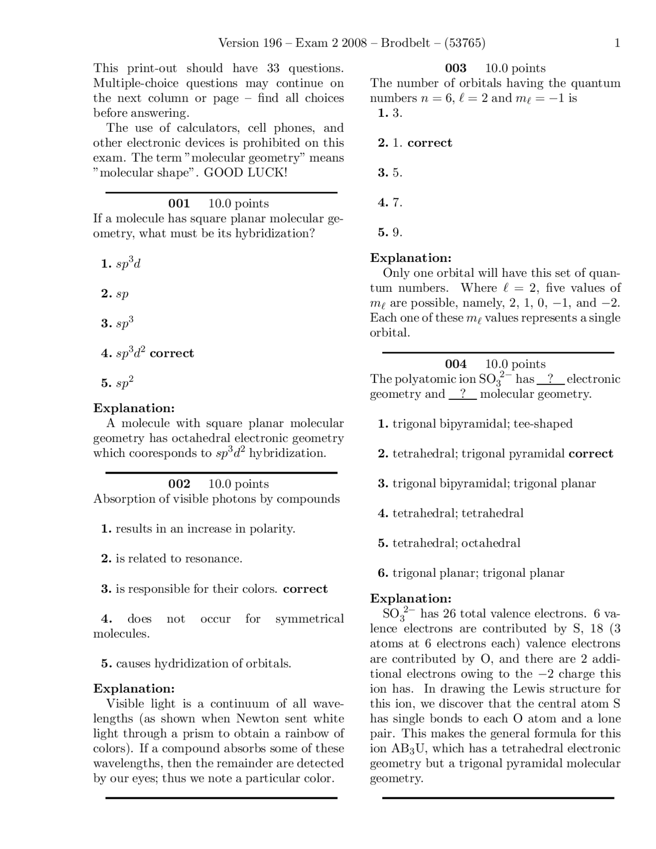 Version 196 – Exam 2 2008 – Brodbelt – (53765) | Slides Geometry | Docsity
