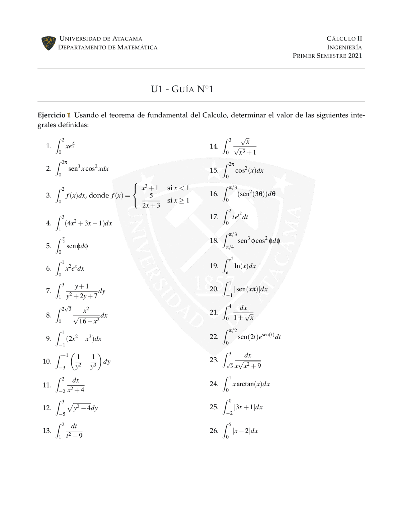 GUIA CALCULO II - INTEGRALES DEFINIDAS, CALCULO DE AREAS, LONGITUD DE ARCO Y CURVA. | Ejercicios ...