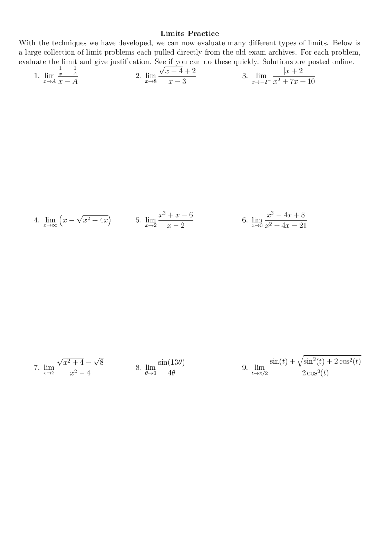 Limits Practice Exams Calculus Docsity