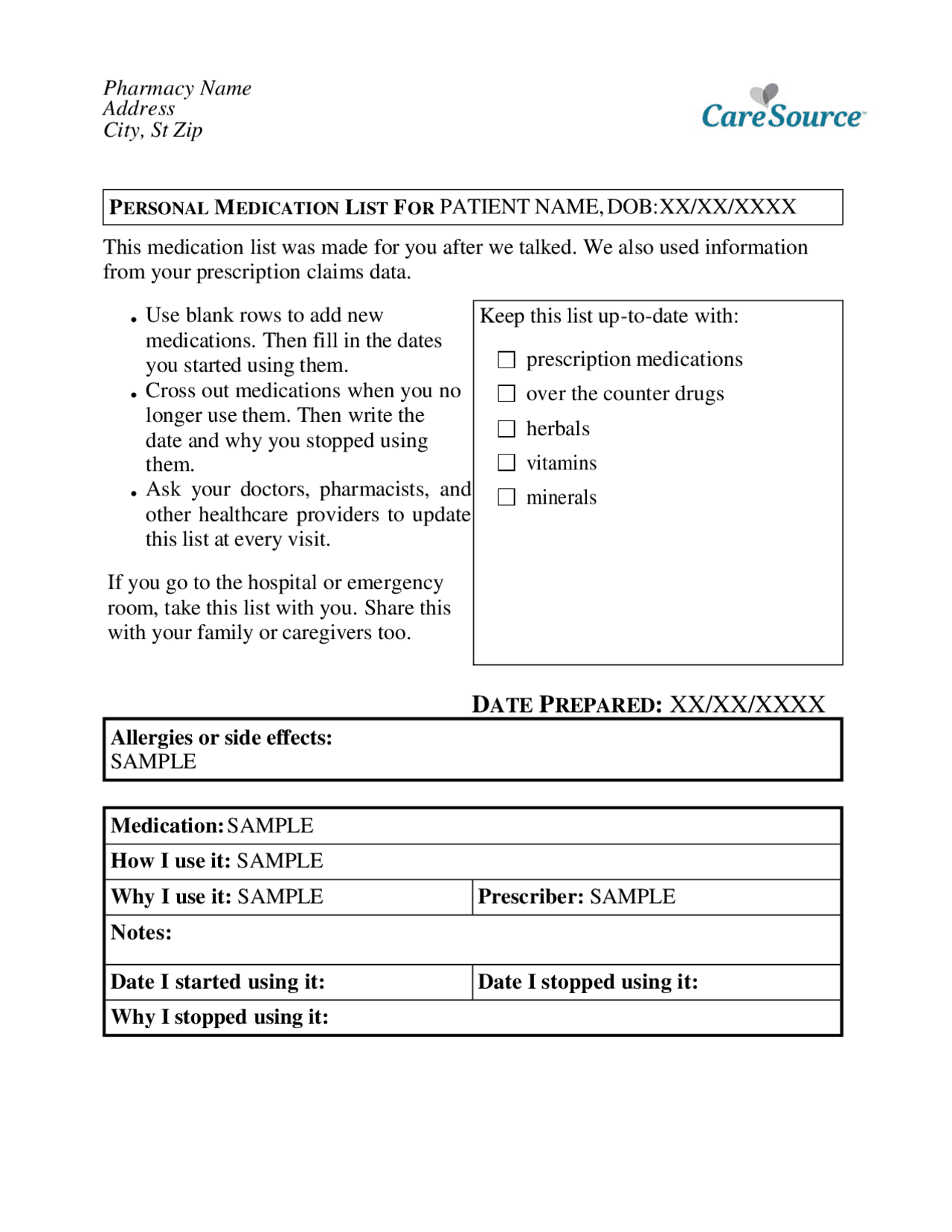 CareSource Personal Medication List Template | Slides Pharmacy | Docsity