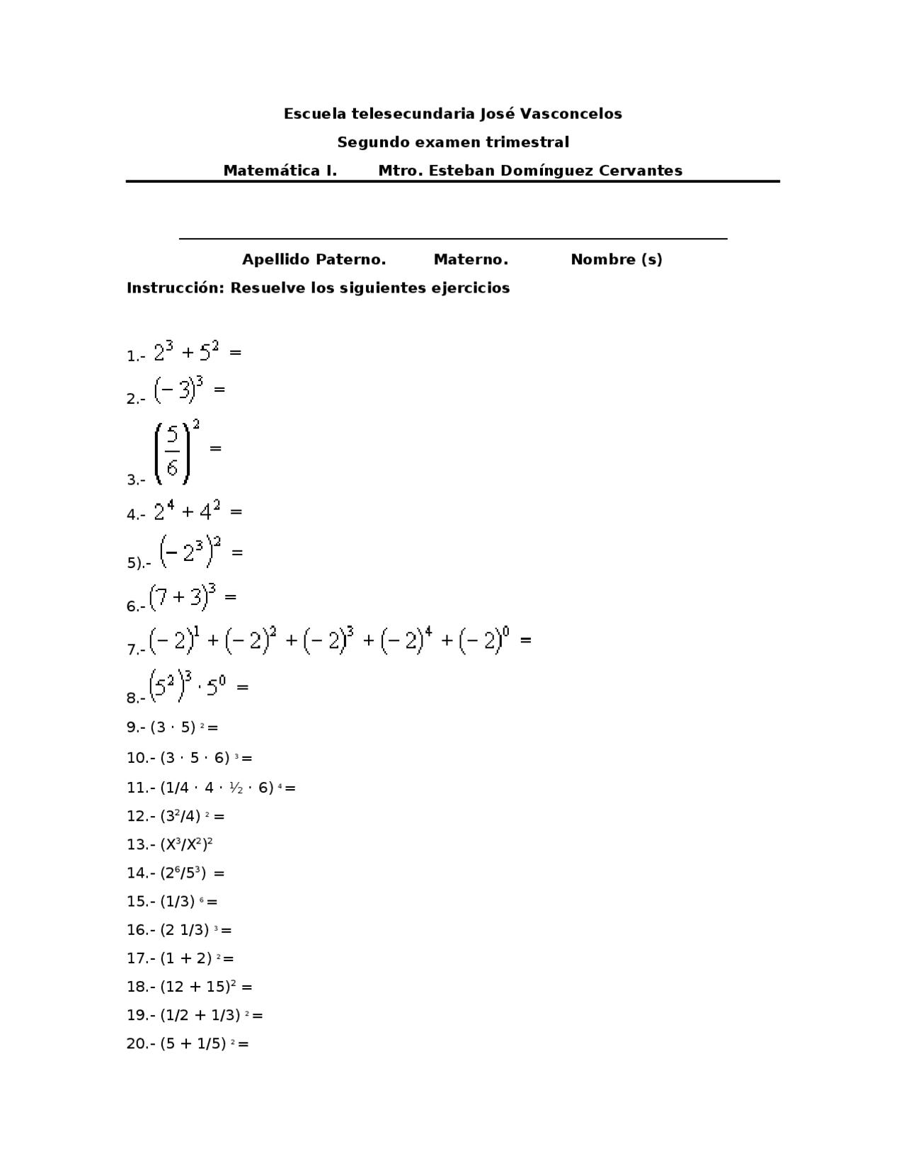 Ejercicios exponentes | Ejercicios de Matemáticas | Docsity