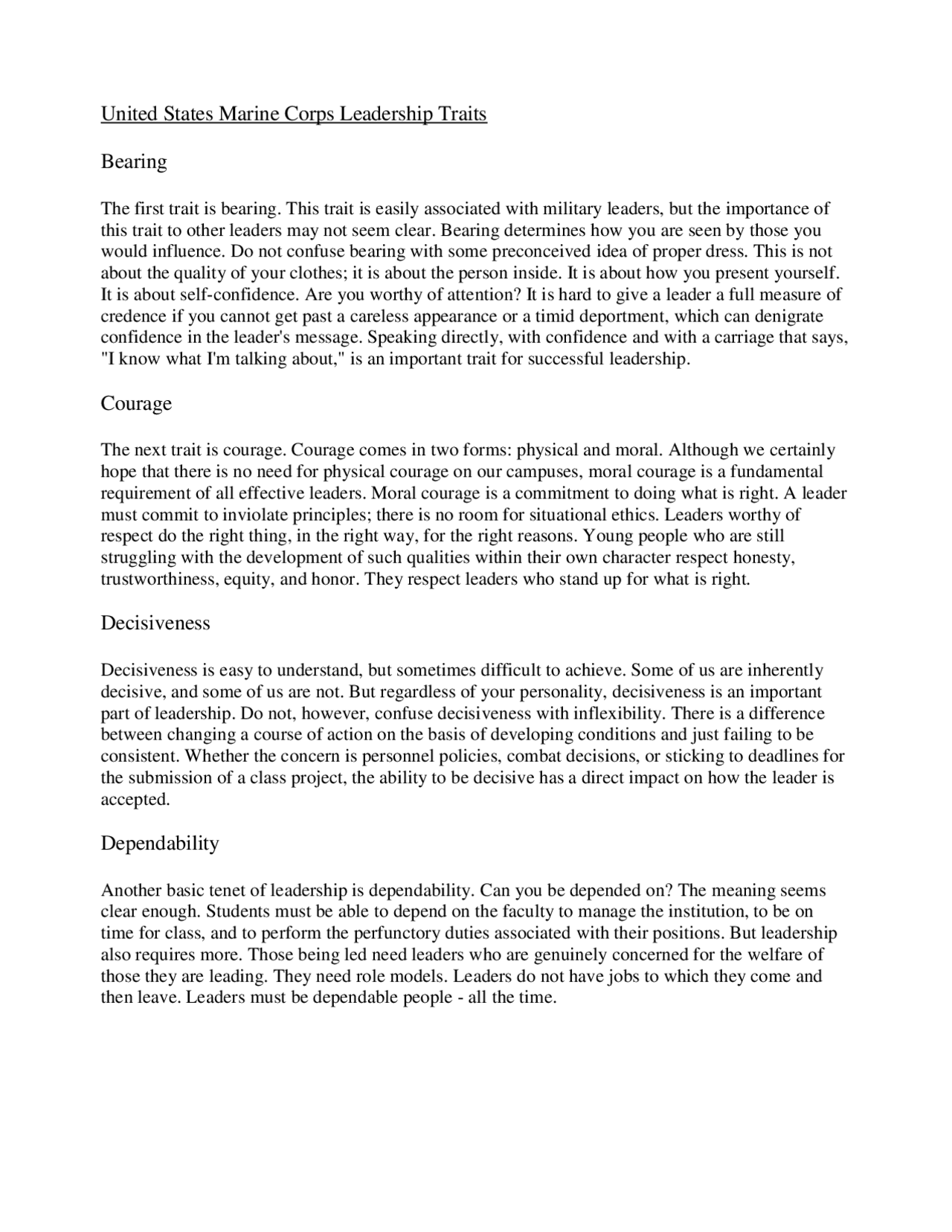 United States Marine Corps Leadership Traits Bearing | Exercises Ethics ...