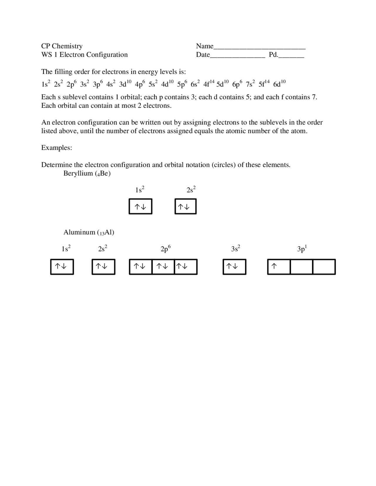 WS 1 Electron Configuration | Slides Chemistry | Docsity