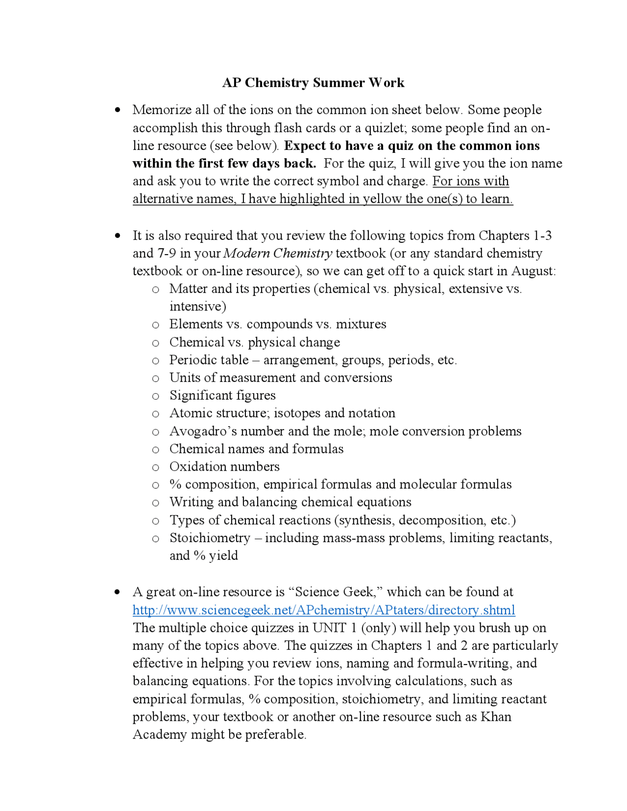 AP Chemistry Summer Work • Memorize all of the ions on the ...