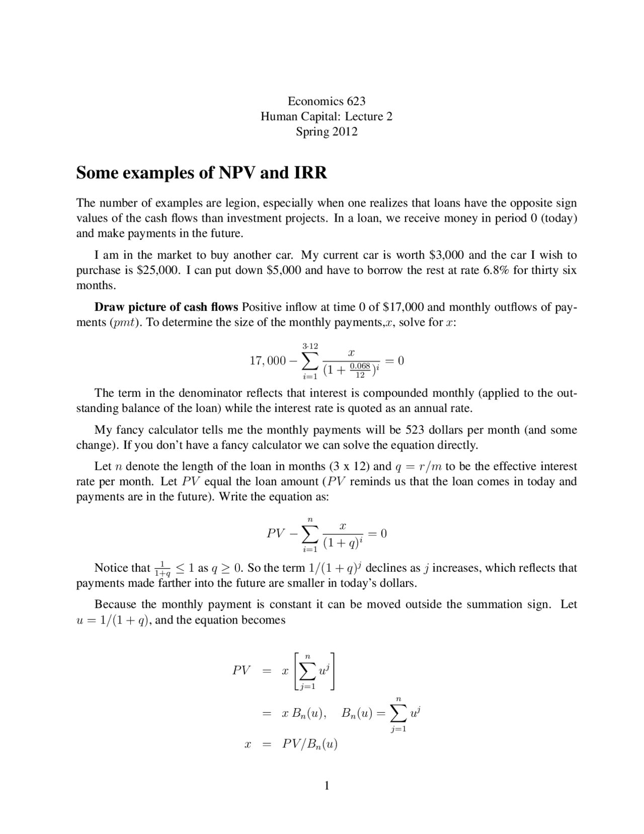 Some examples of NPV and IRR | Slides Economics | Docsity