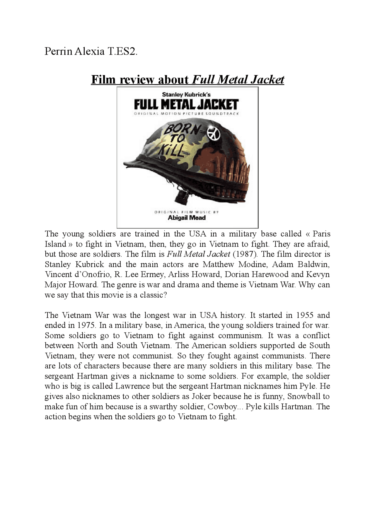 Film review about Full Metal Jacket | Exams History | Docsity