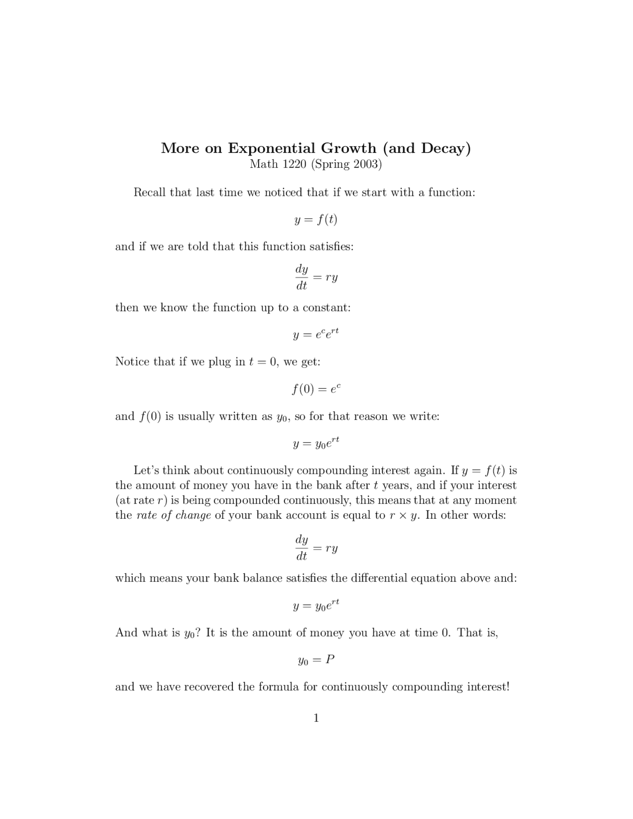 More on Exponential Growth (and Decay) | Study notes Calculus | Docsity
