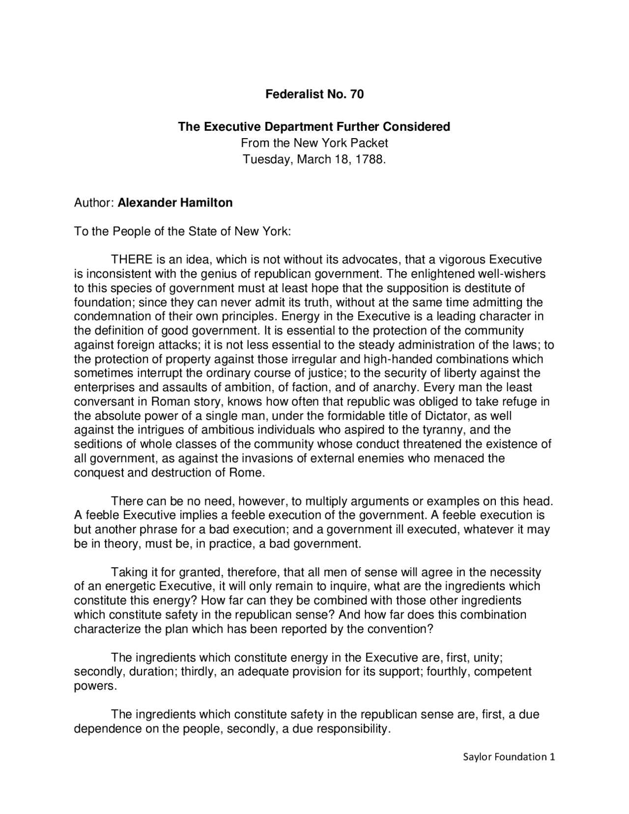 Federalist No. 70 | Lecture notes History | Docsity