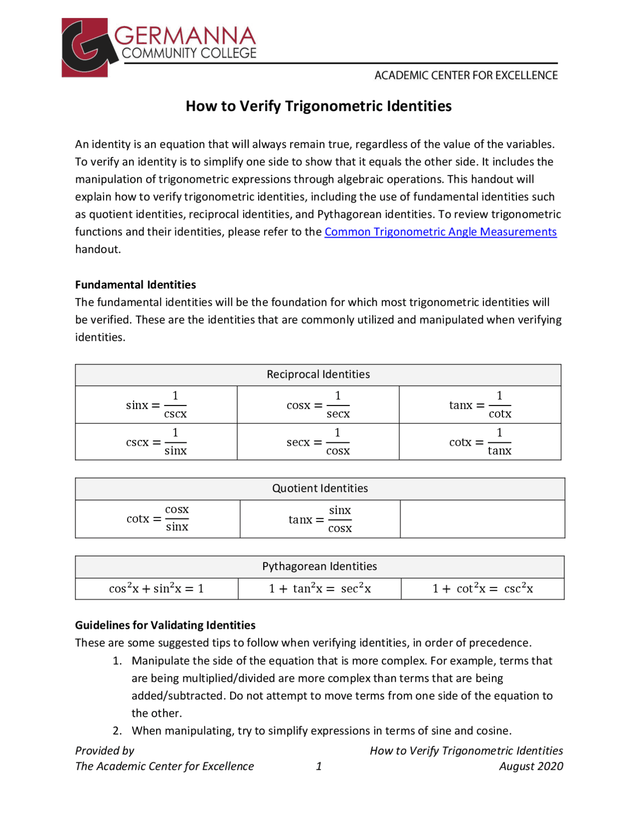 How To Verify Trigonometric Identities Lecture Notes Trigonometry
