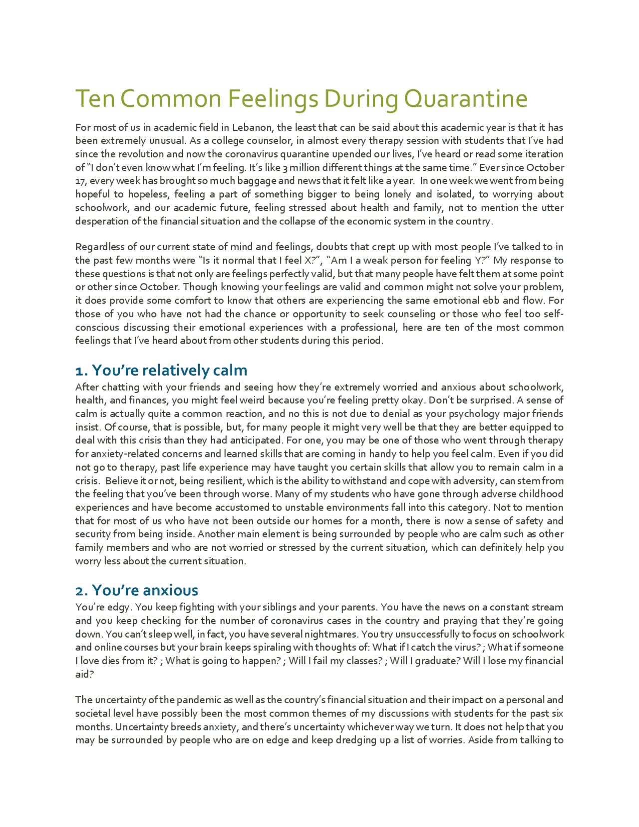 Ten Common Feelings During Quarantine | Schemes and Mind Maps ...