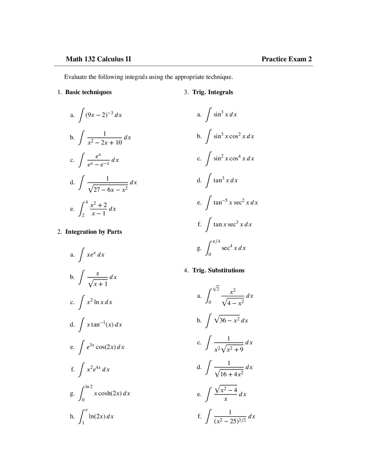 Math 132 Calculus Ii Practice Exam 2 Exams Calculus Docsity