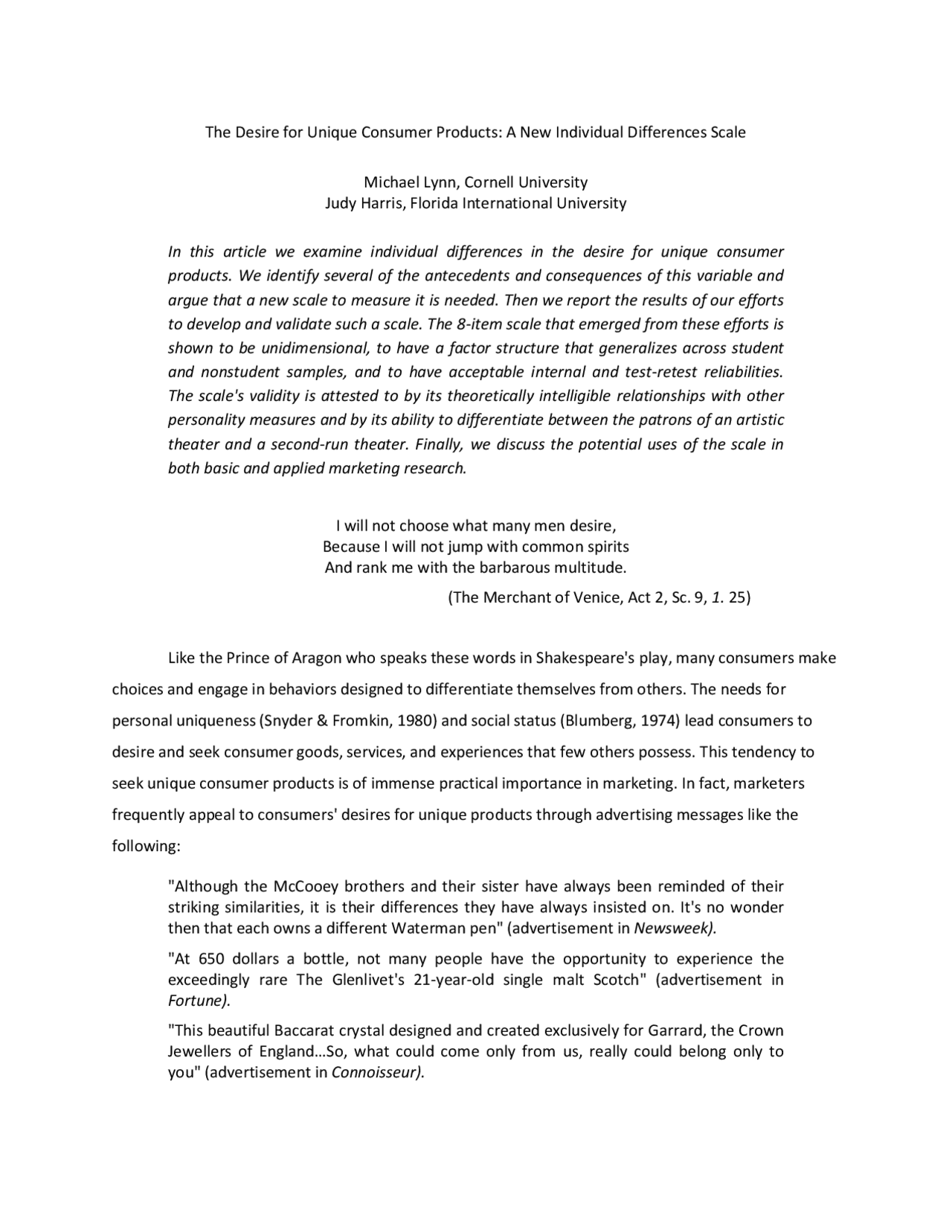 The Desire for Unique Consumer Products: A New Individual ...