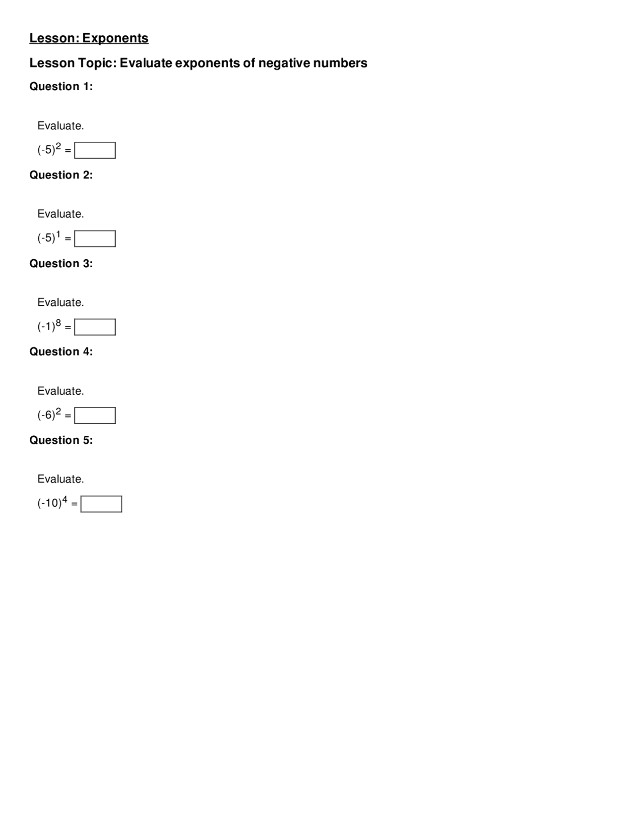 Evaluate exponents of negative numbers | Summaries Elementary ...