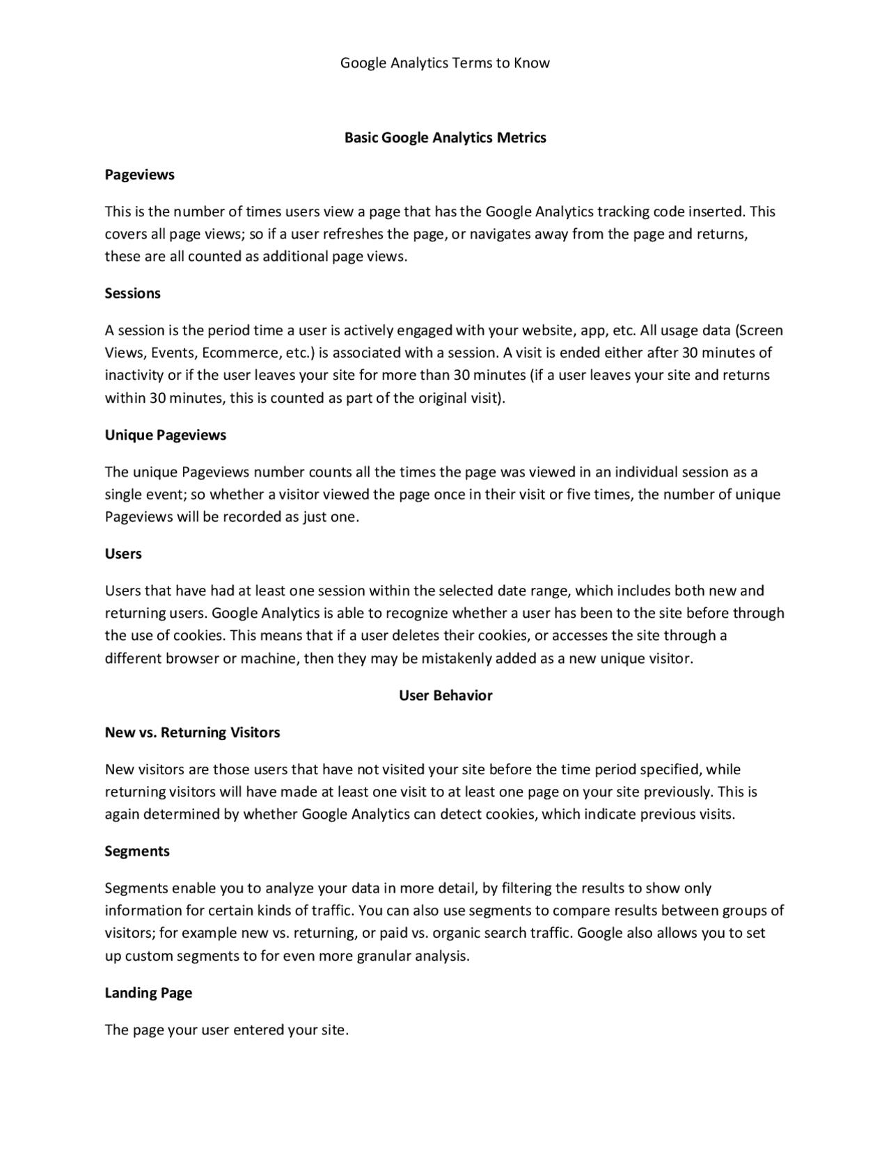 Google Analytics Terms to Know | Lecture notes Marketing | Docsity