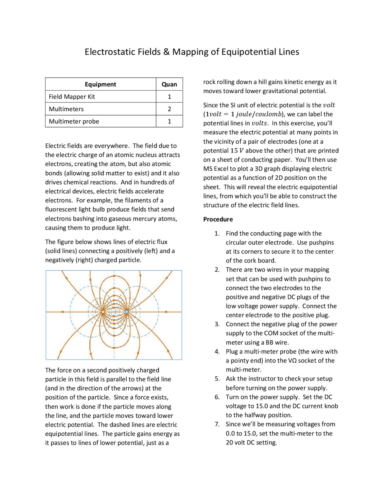 Electrostatic Fields And Mapping Of Equipotential Lines Lecture Notes