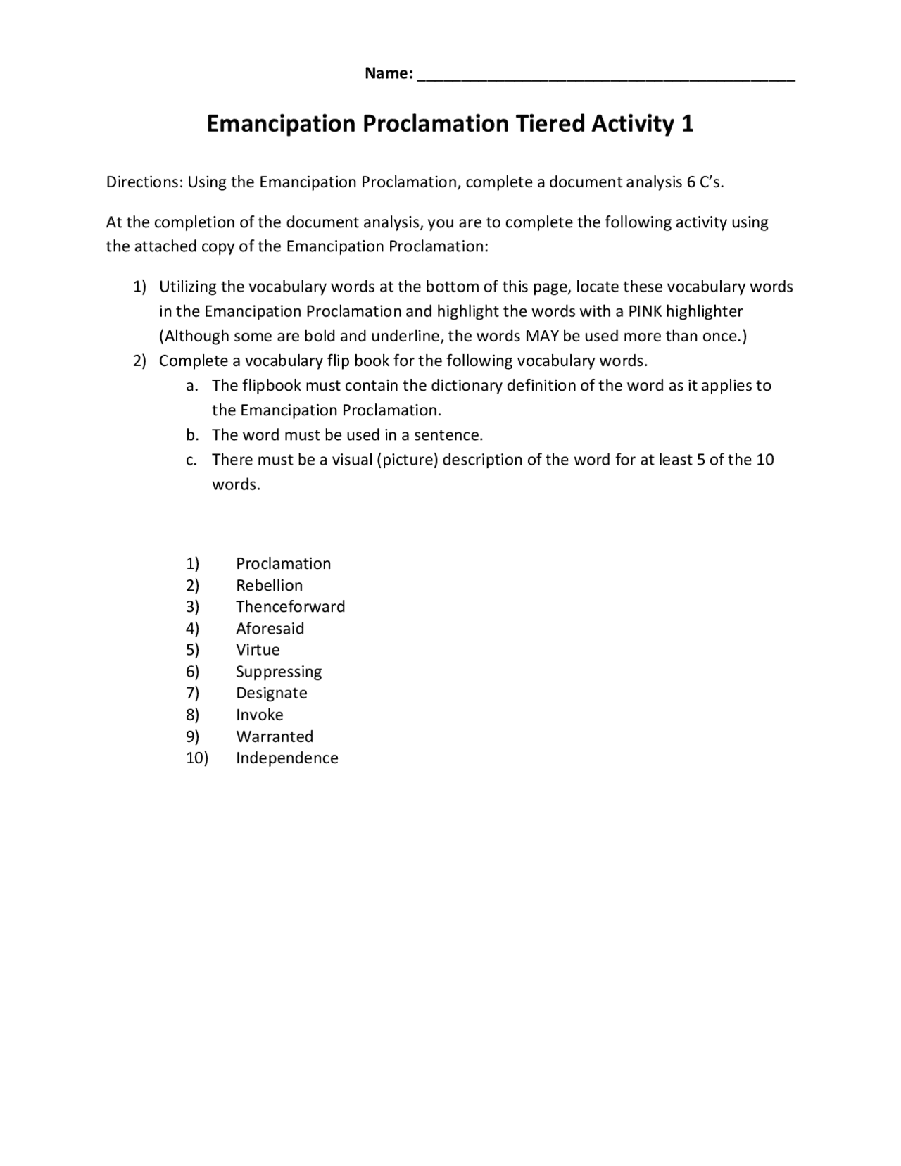 Emancipation Proclamation Tiered Activity 1 | Lecture notes Grammar and ...