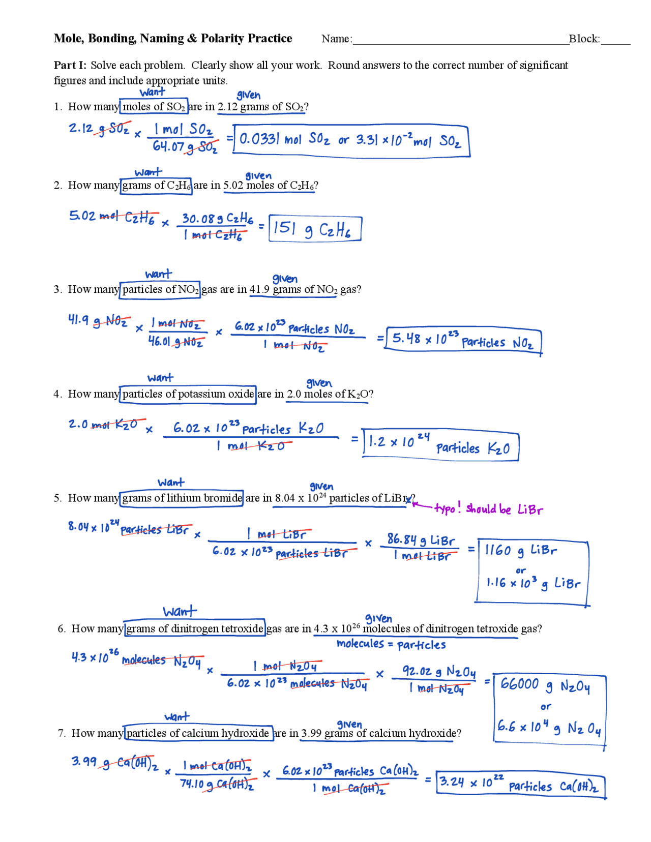 Mole, Bonding, Naming & Polarity Practice | Study notes Geometry | Docsity