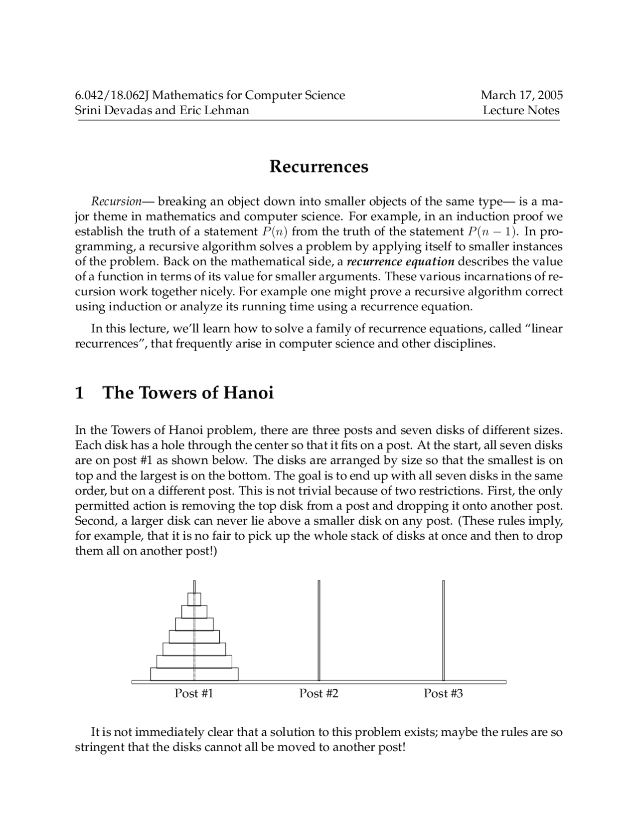 Recurrences 1 The Towers of Hanoi | Slides Computer science | Docsity