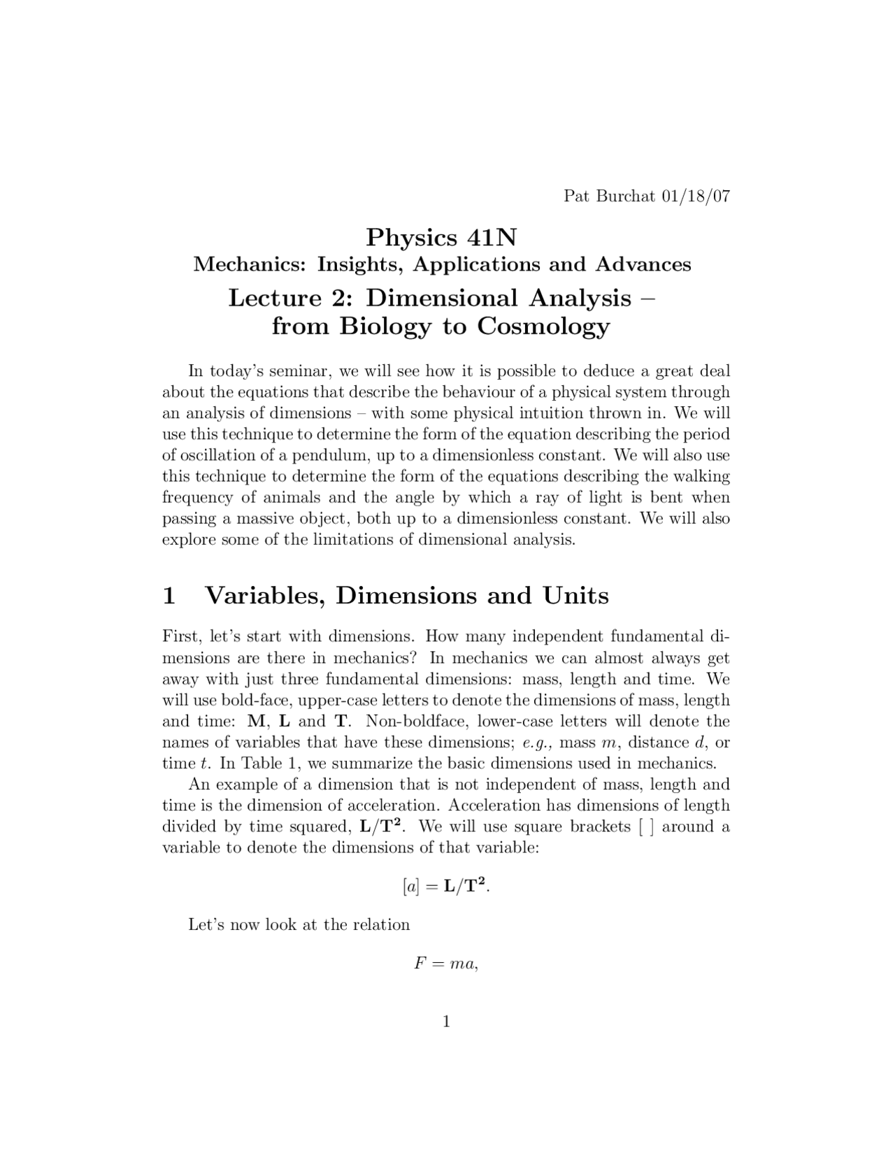Physics 41N Lecture 2: Dimensional Analysis | Schemes and Mind Maps Physics | Docsity