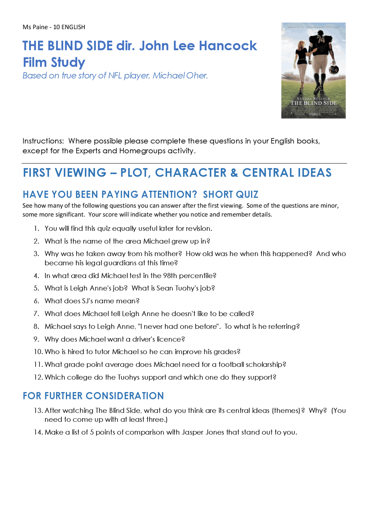 THE BLIND SIDE dir. John Lee Hancock Film Study | Slides Voice | Docsity