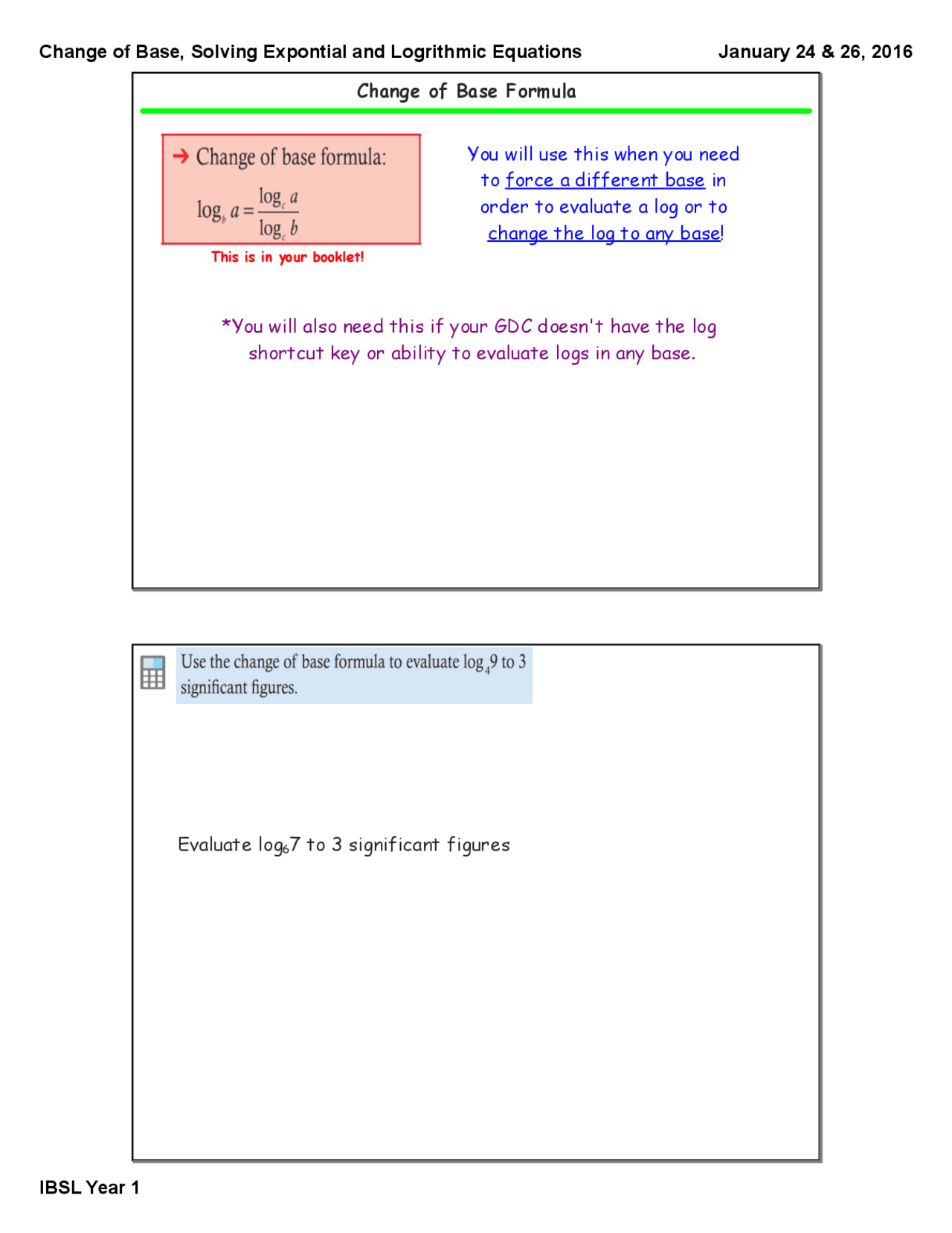 Change of Base, Solving Expontial and Logrithmic Equations ... | Summaries Elementary ...