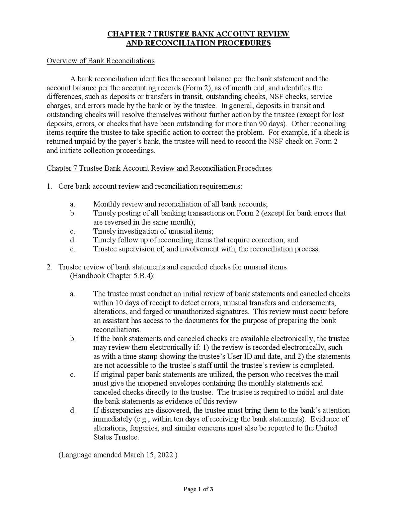 Chapter 7 Trustee Bank Account Review and Reconciliation ...