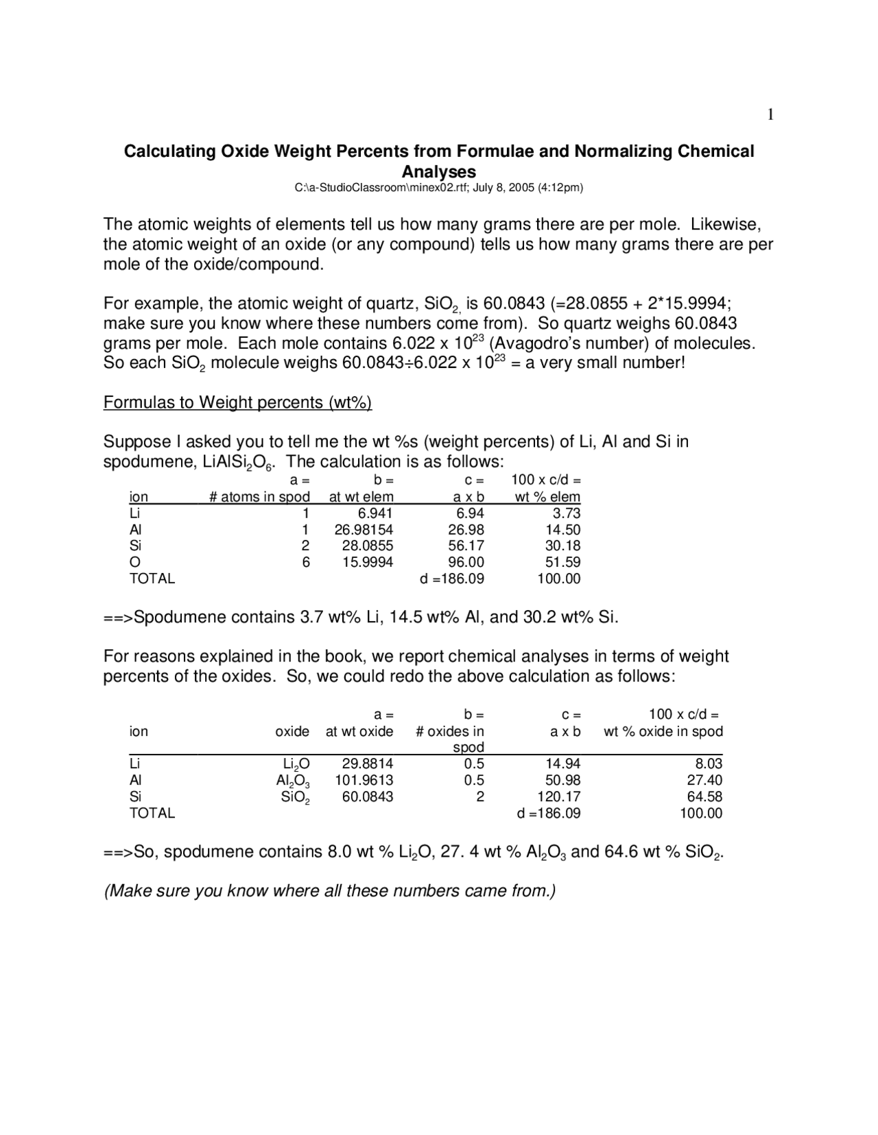 1 Calculating Oxide Weight Percents from Formulae and ... | Schemes and ...