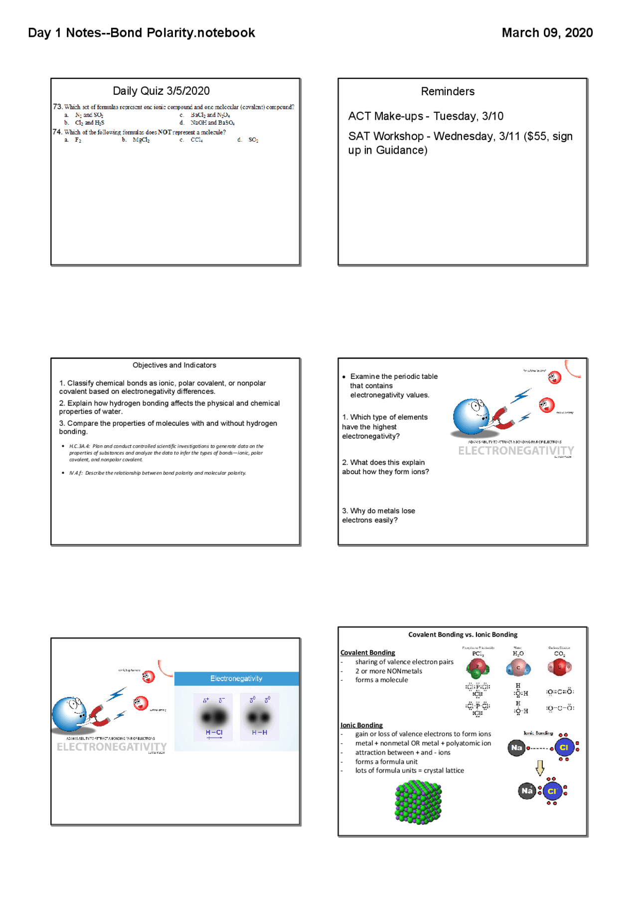 Day 1 Notes Bond Polaritynotebook Slides Chemistry Docsity