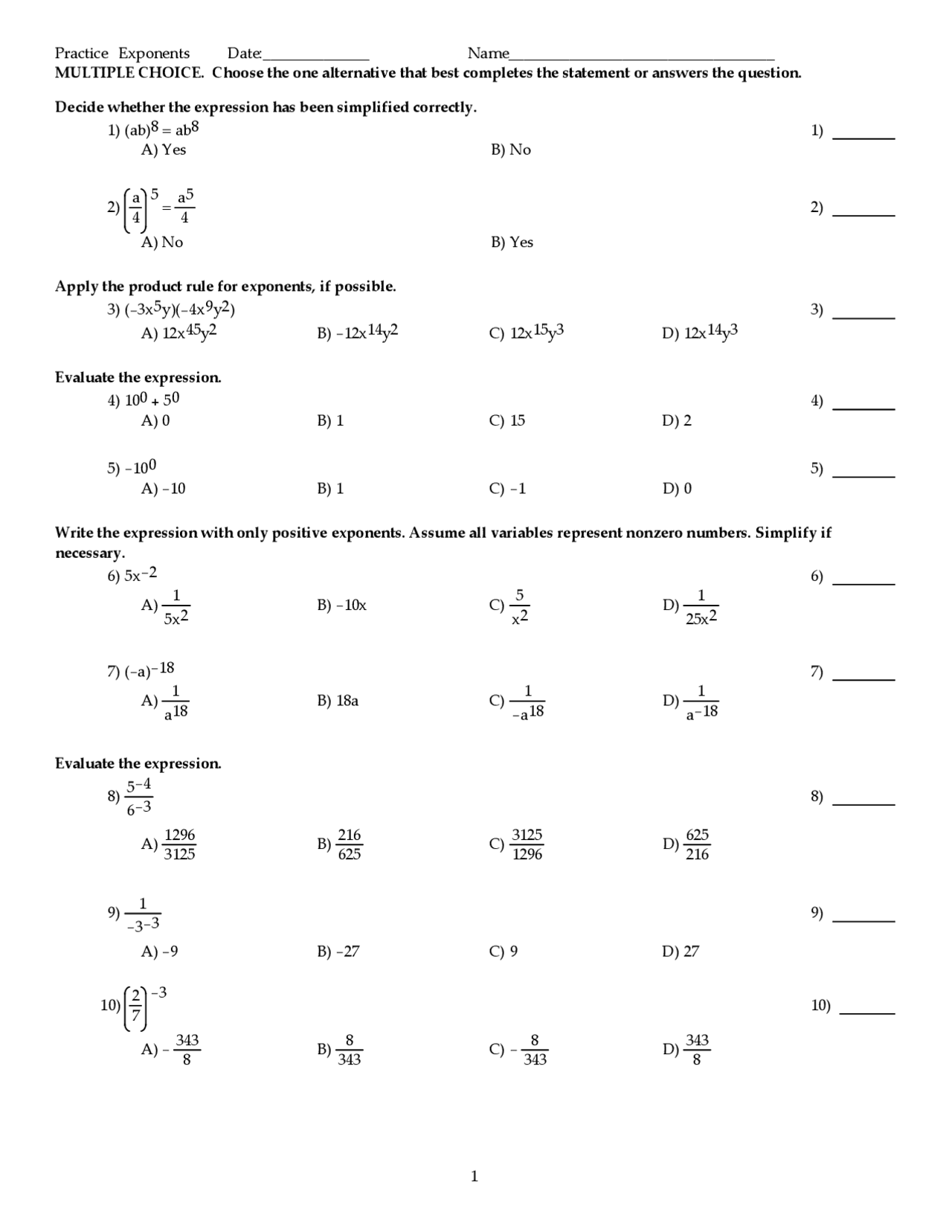 Exponents multiple choice 2.pdf | Schemes and Mind Maps Elementary ...