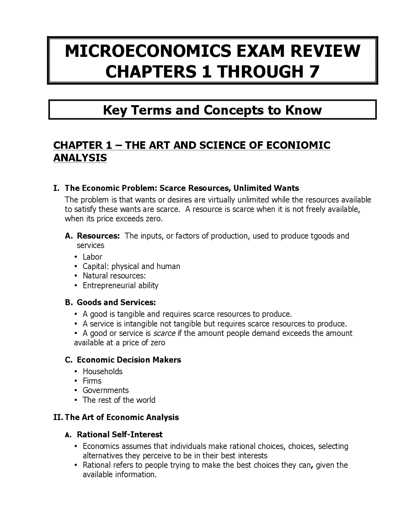 Microeconomics Exam Review Chapters 1 Through 7 Exams Law Docsity