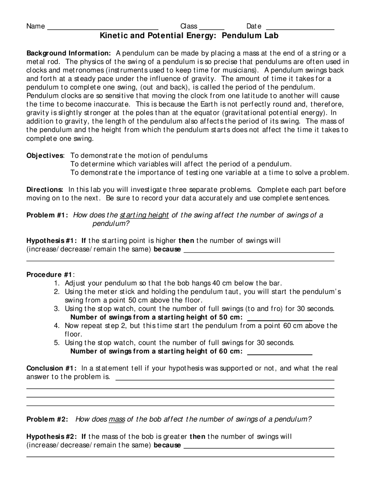 Kinetic And Potential Energy Pendulum Lab Exams Physics Docsity