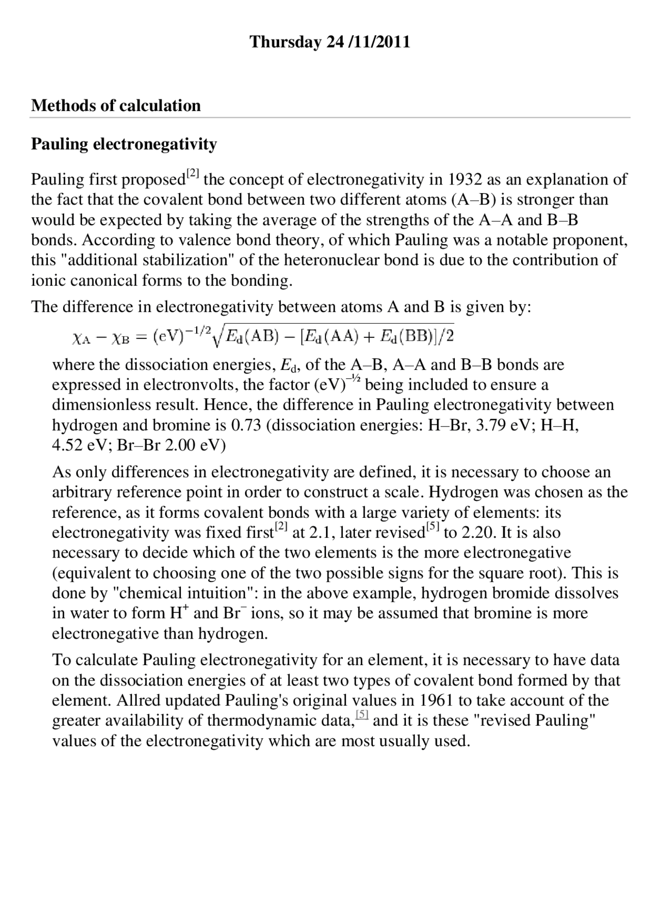 Methods of calculation Pauling electronegativity Pauling first ...