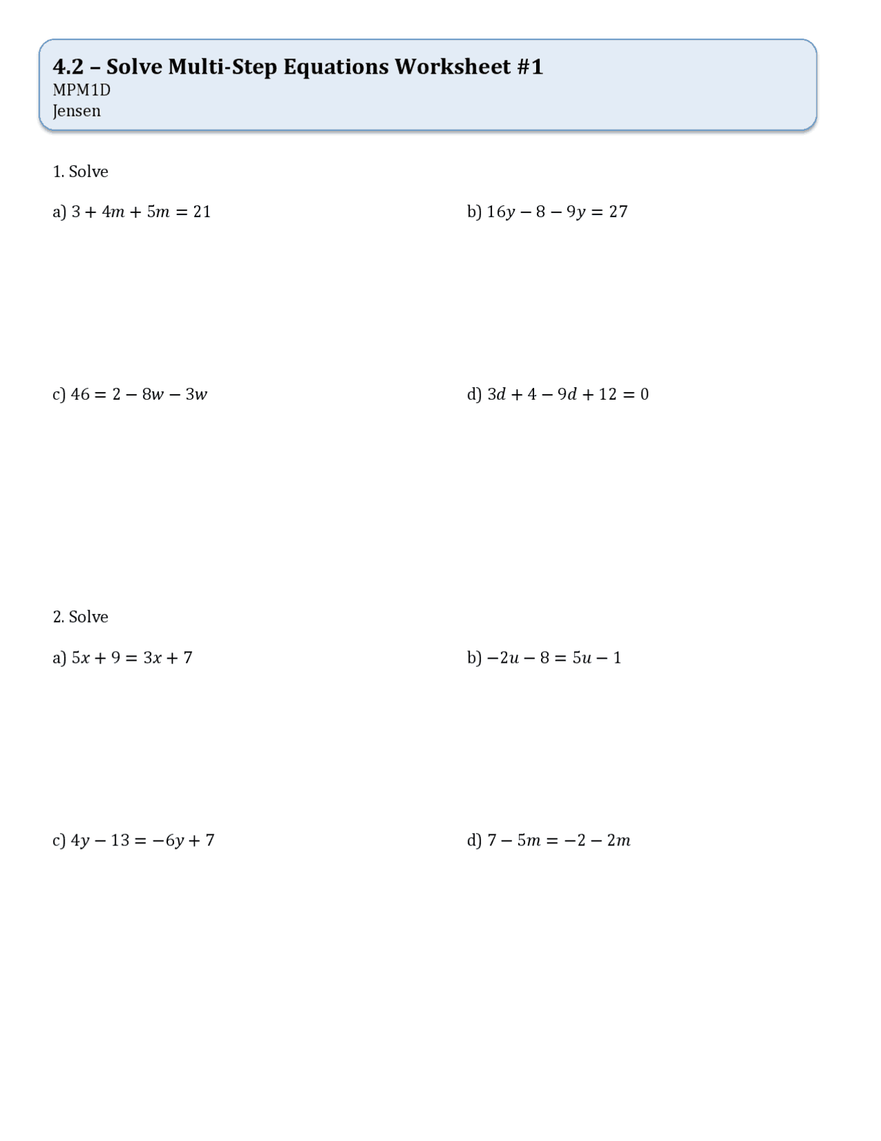 4.2 – Solve Multi-‐Step Equations Worksheet #1 | Schemes and Mind Maps Algebra | Docsity