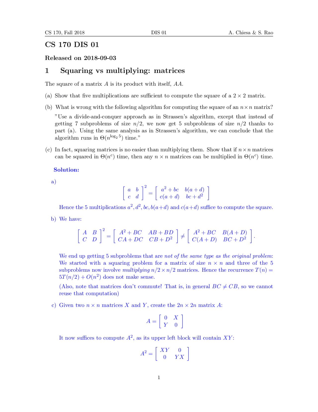 CS 170 DIS 01 1 Squaring vs multiplying: matrices | Exercises Calculus | Docsity