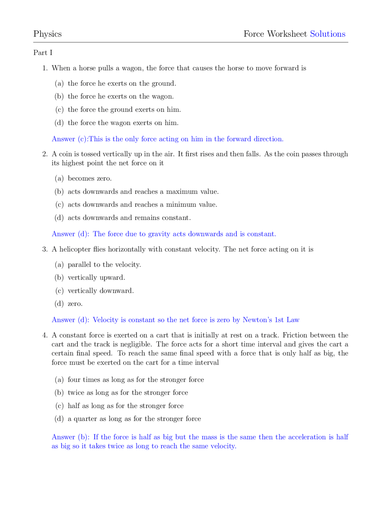 Physics Force Worksheet Solutions Lecture Notes Physics Docsity