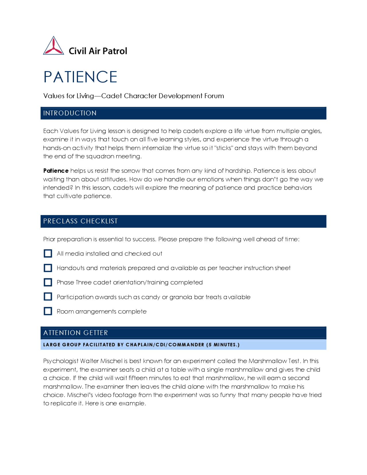 Patience: A Values for Living Lesson for Cadets | Summaries Latin | Docsity