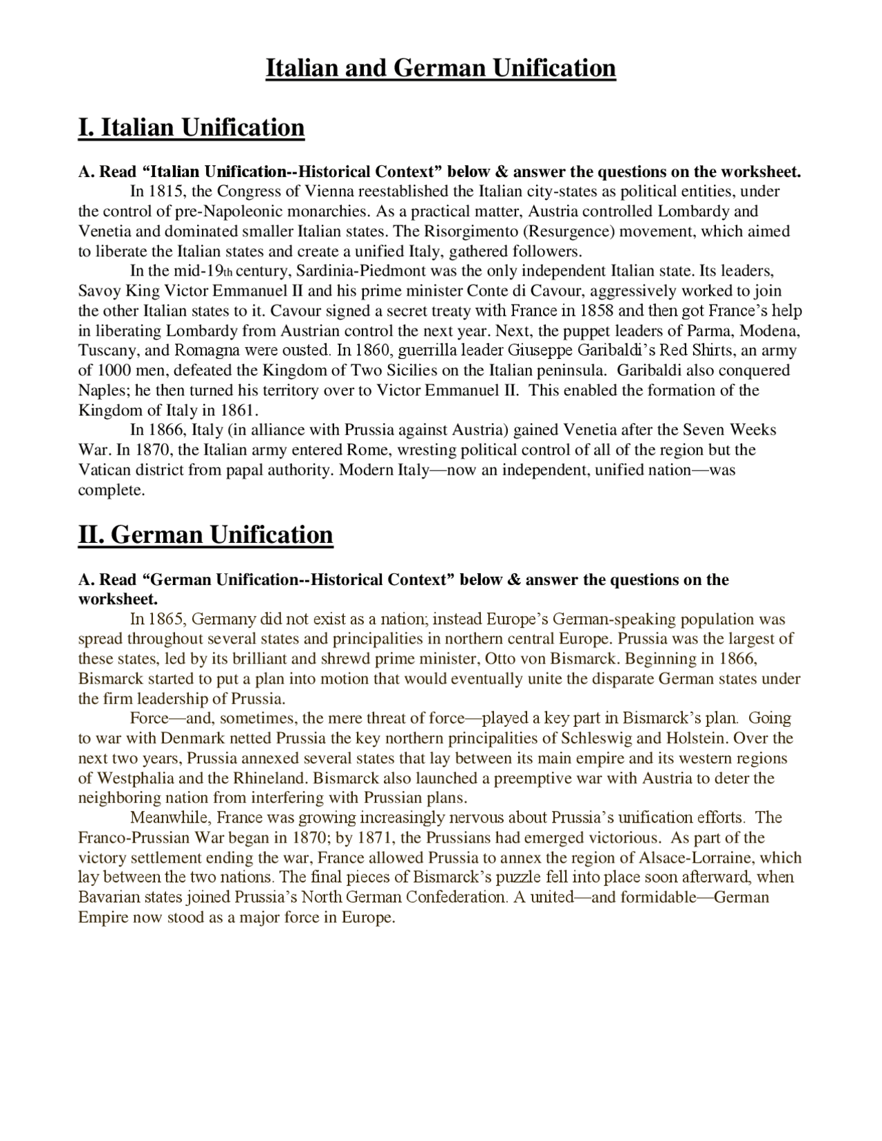 Italian and German Unification | Lecture notes Italian | Docsity