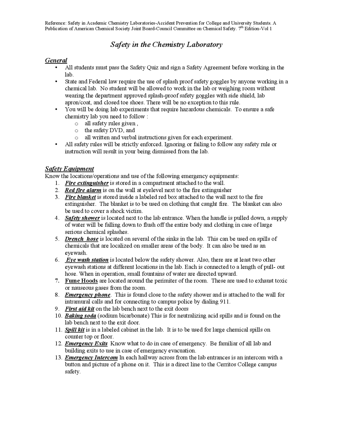 Safety in the Chemistry Laboratory | Lecture notes Chemistry | Docsity