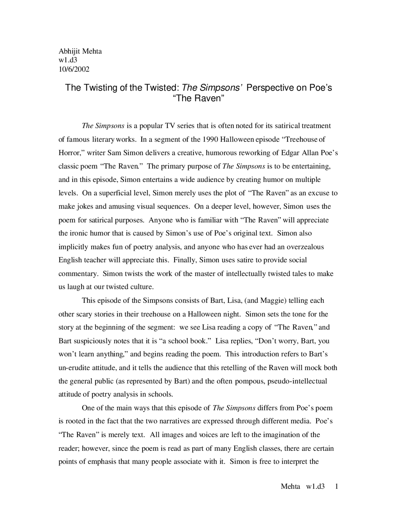 The Simpsons' Perspective on Poe's “The Raven” | Exams Poetry | Docsity