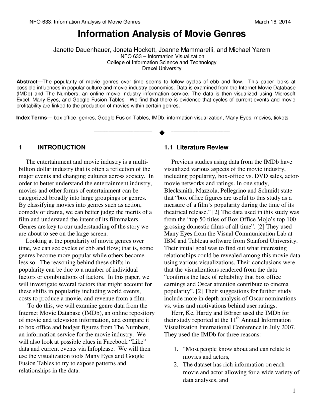 Information Analysis of Movie Genres | Exercises Literature | Docsity