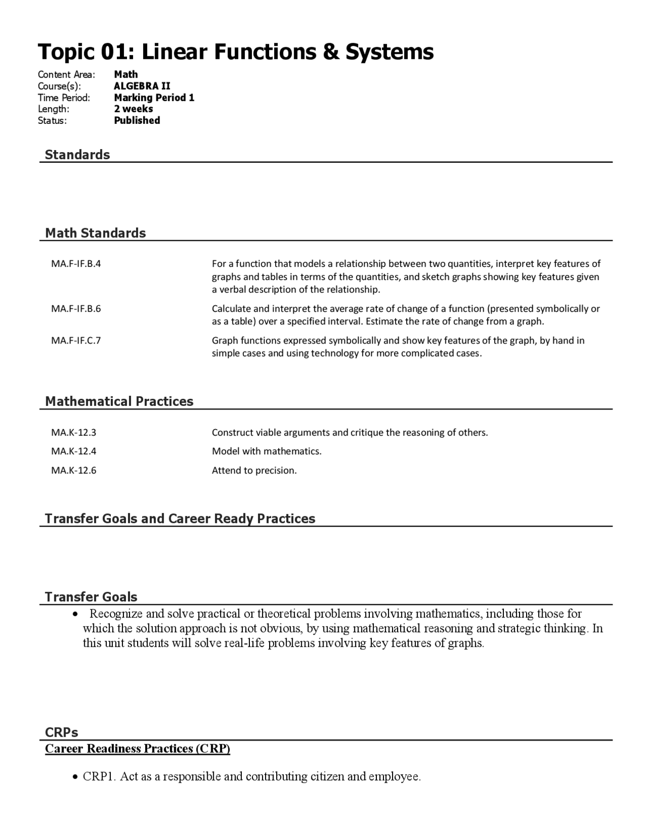 Topic 01 Linear Functions And Systems Summaries Algebra Docsity