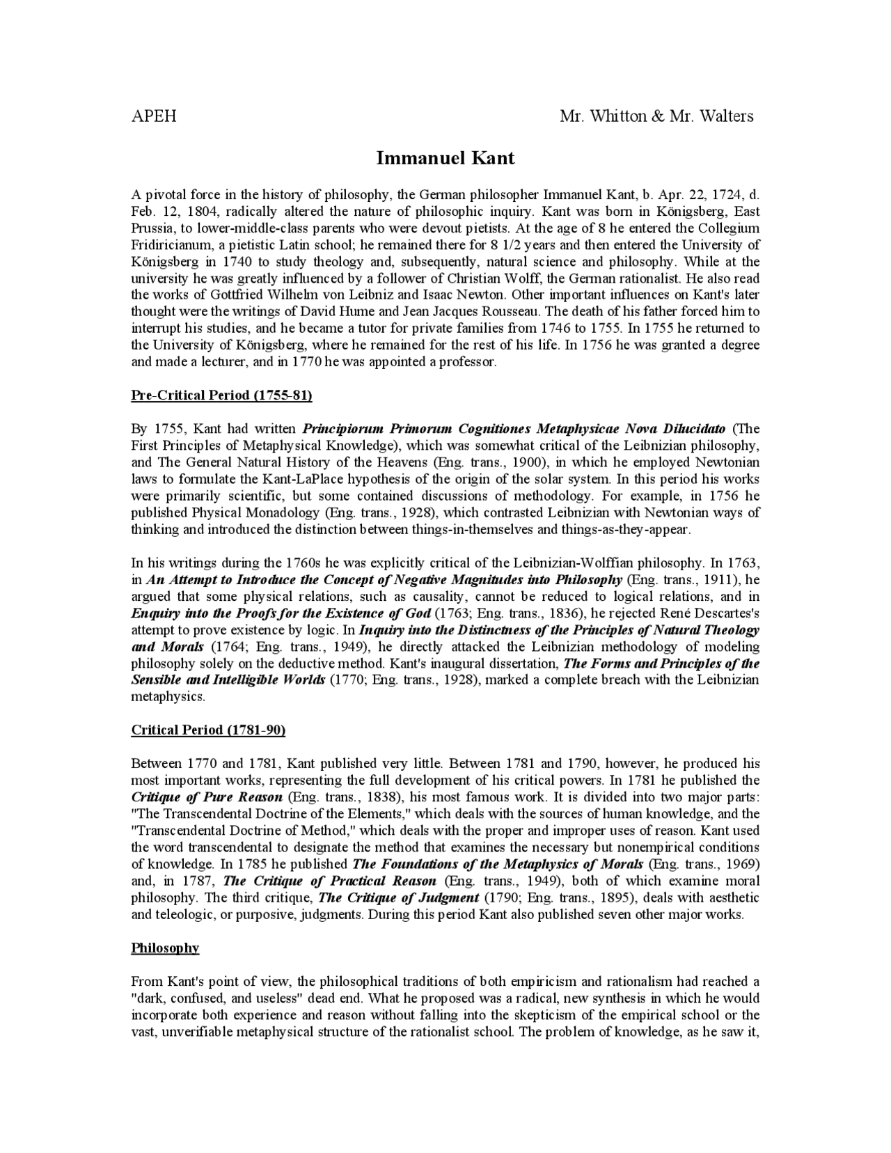 Immanuel Kant | Exams Philosophy | Docsity