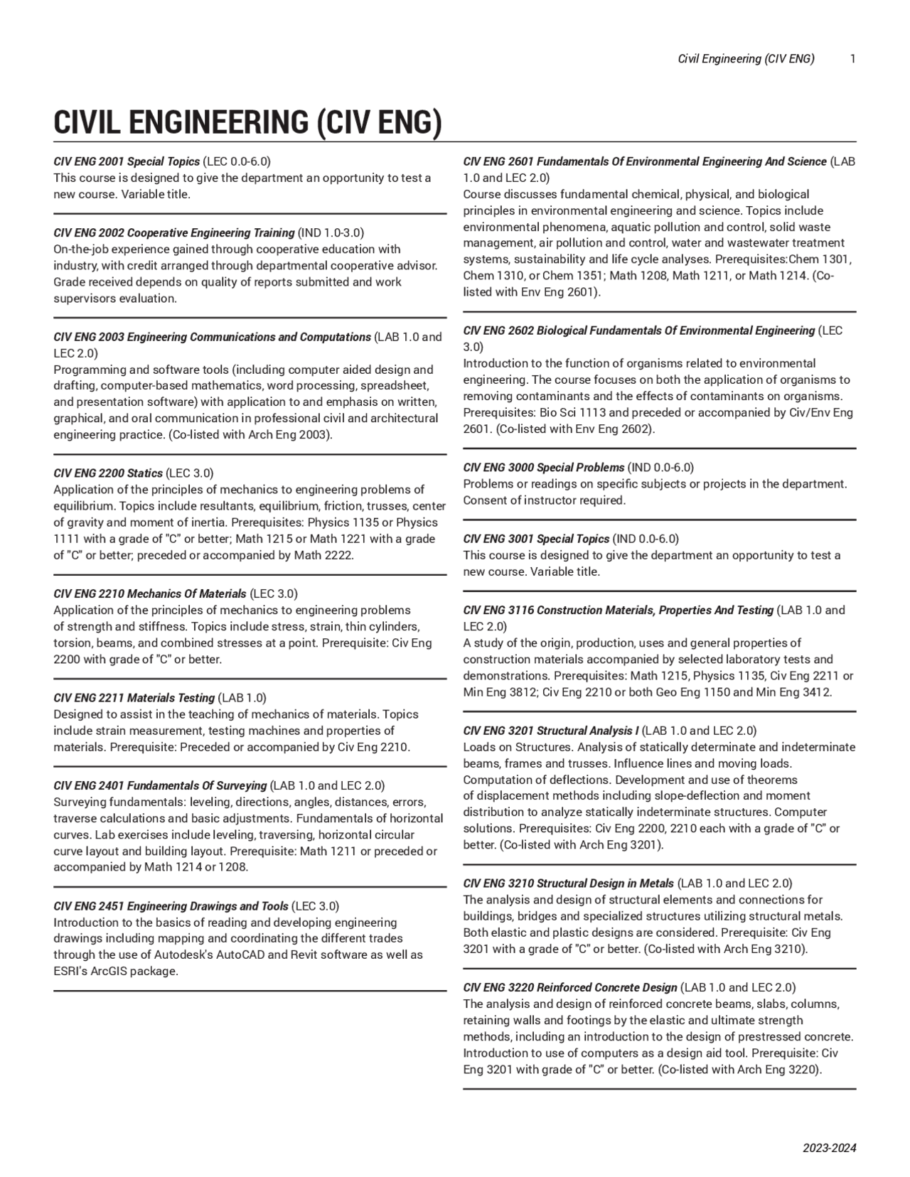 Civil Engineering Course Offerings: 2023-2024 Academic Year | Schemes ...