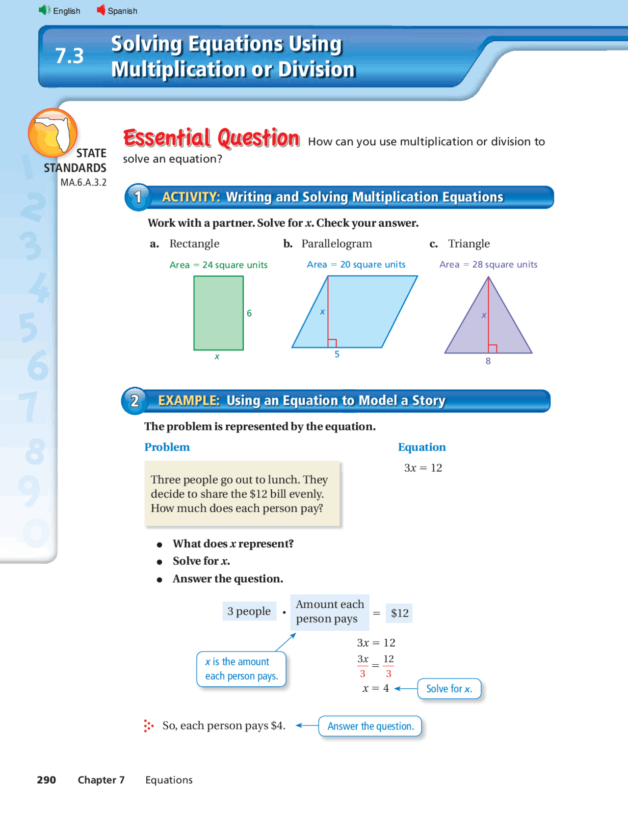 Solving Equations Using Multiplication or Division 7.3 | Lecture notes ...