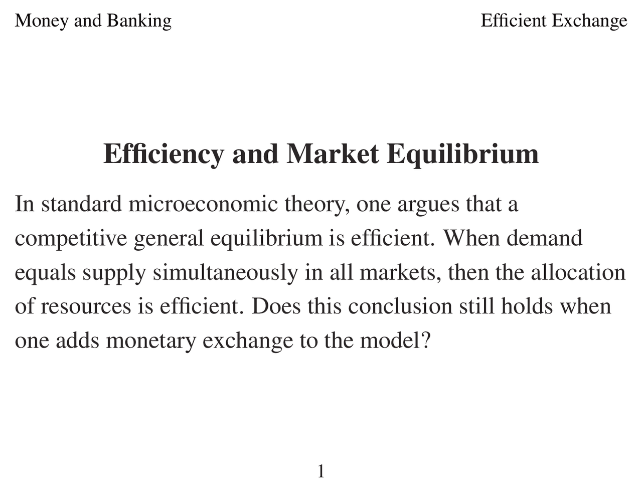 Money and Banking Efficient Exchange | Study notes Market economy | Docsity